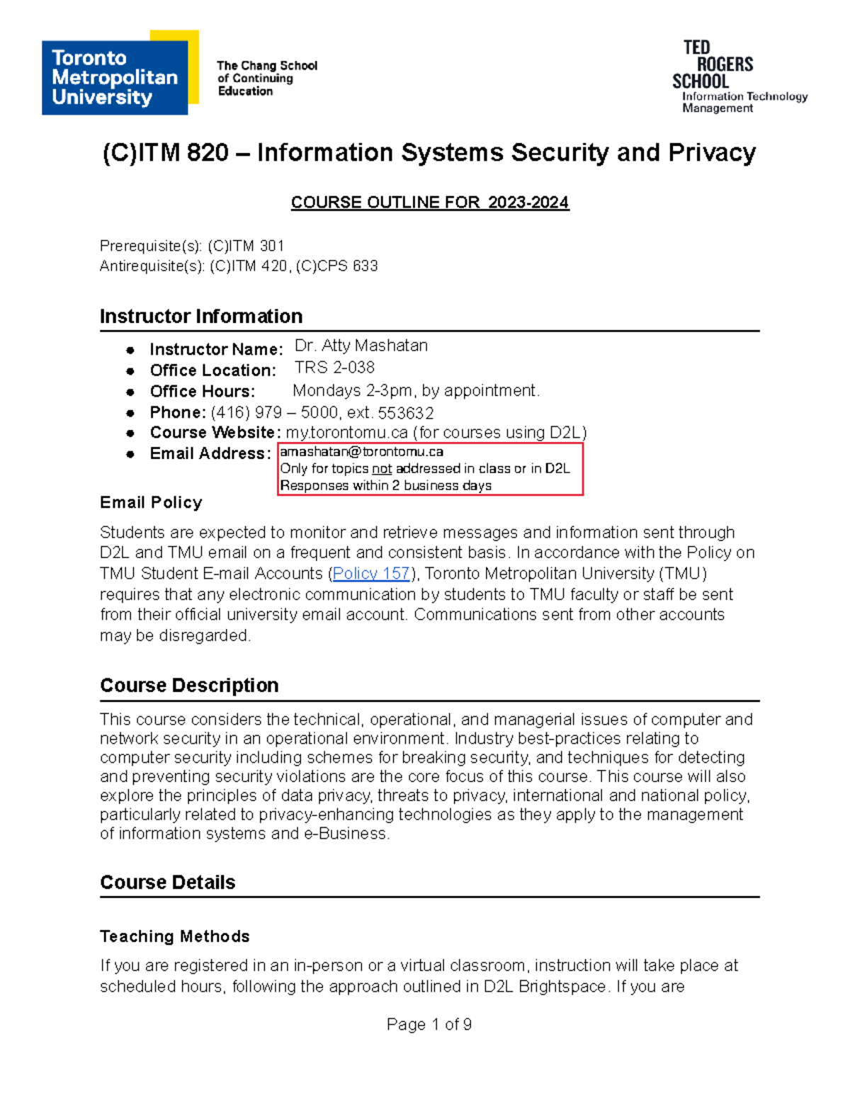 ITM 820 2023-2024 - outline - (C)ITM 820 – Information Systems Security and Privacy COURSE ...