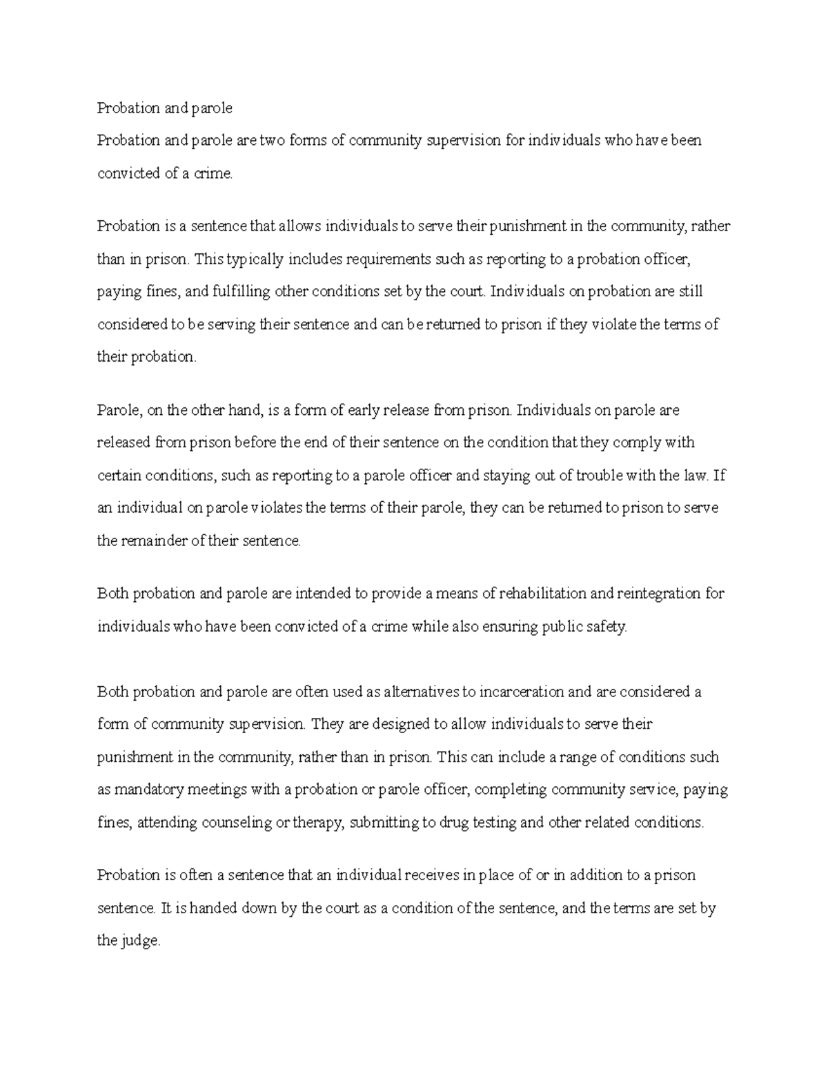 Criminal justice(Probation and parole) - Probation and parole Probation ...