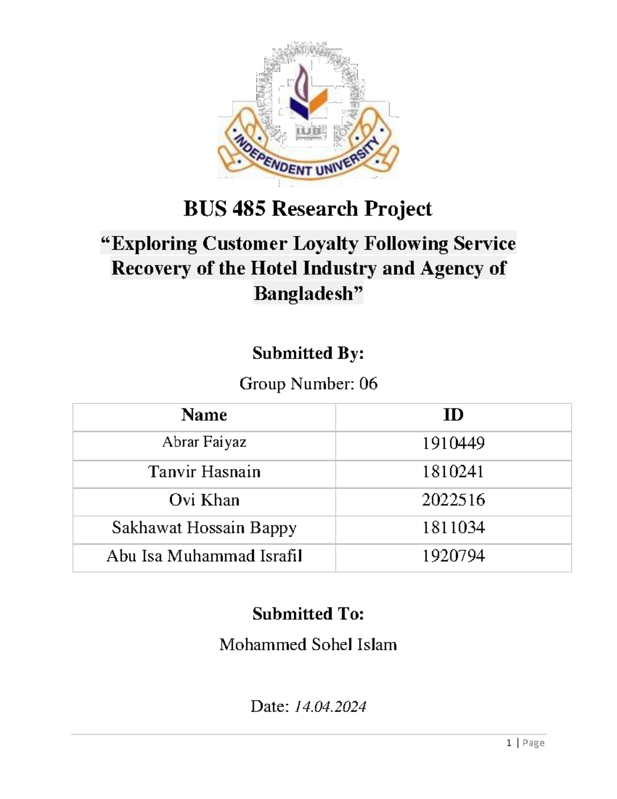 BUS 485 Final Project - BUS 485 Research Project “Exploring Customer Loyalty Following Service ...