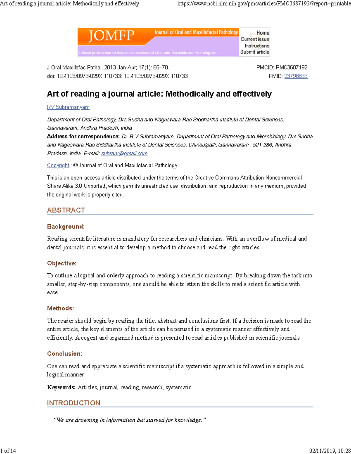 Art of reading a journal article Methodically and effectively - J Oral ...
