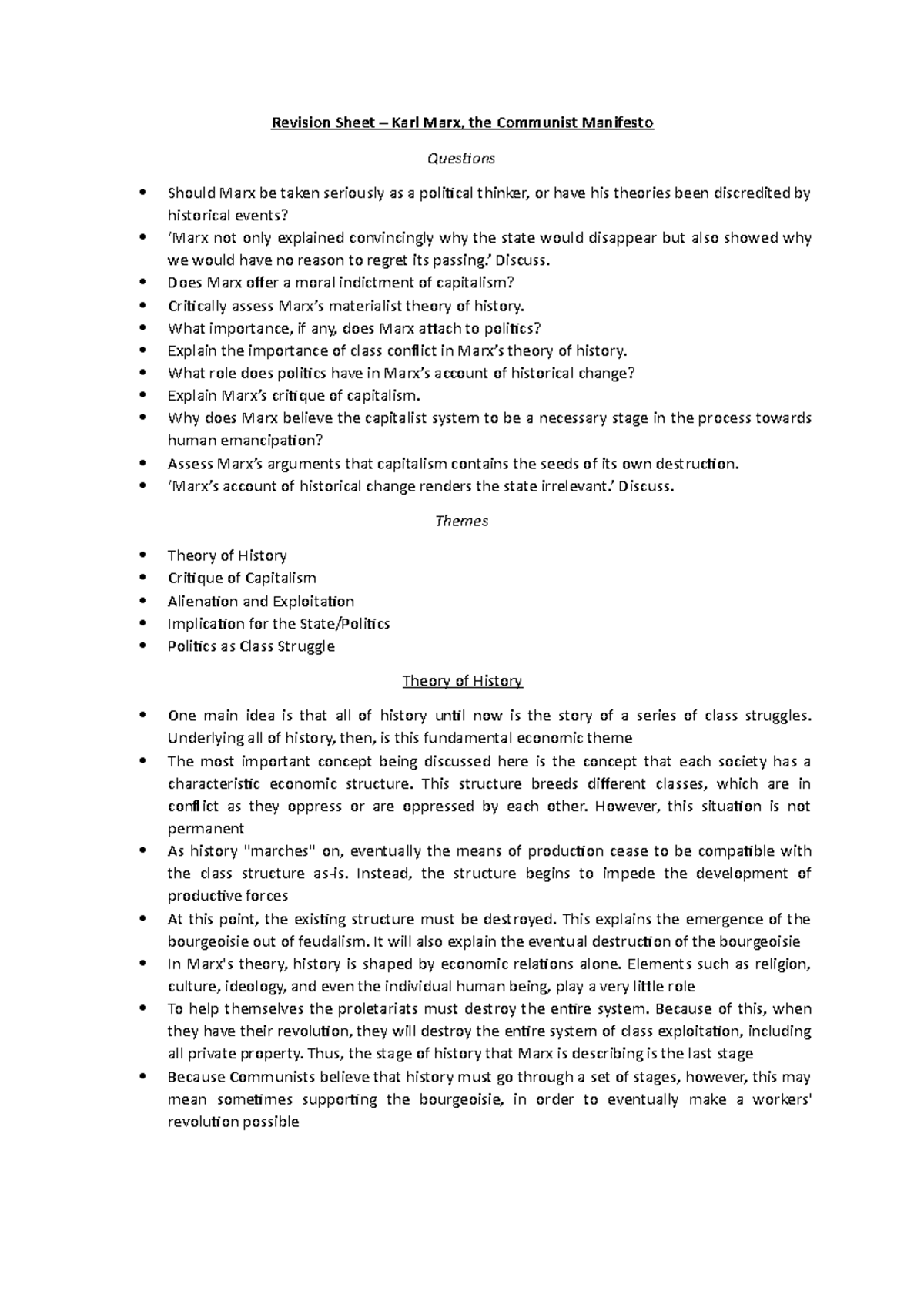 Revision Sheet - Marx - Revision Sheet – Karl Marx, the Communist ...