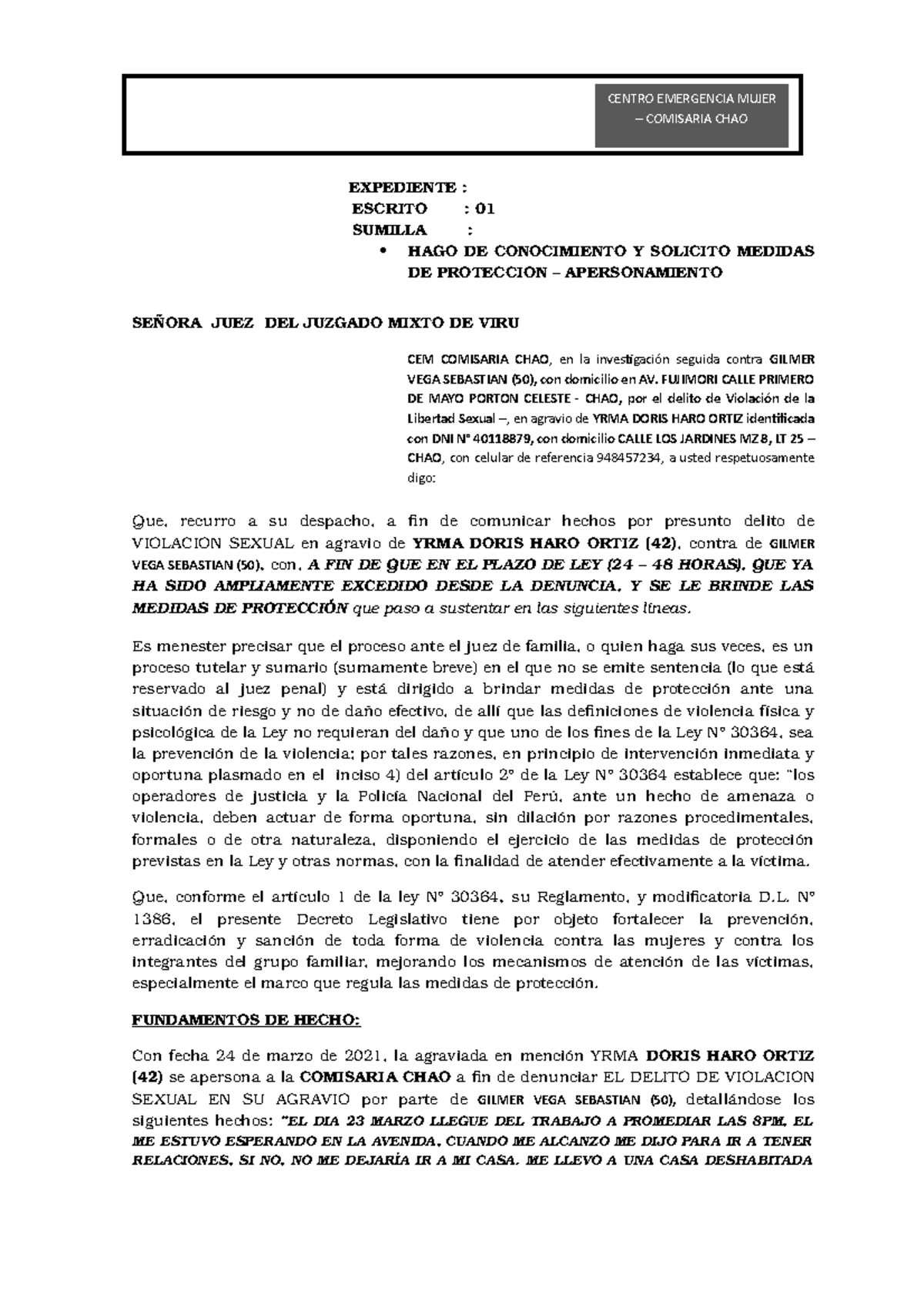 Solicito Medidas DE Proteccion YRMA HARO VLS - COMISARIA CHAO ...
