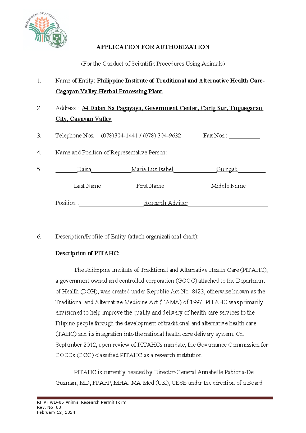 Application for authorization (Animal Permit sample) - APPLICATION FOR ...