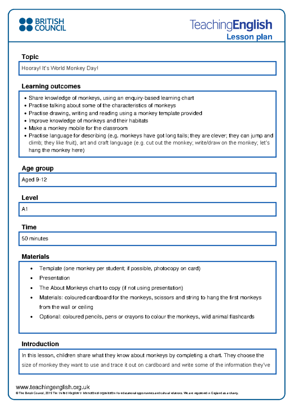 Lesson plan World Monkey Day - Lesson plan teachingenglish.org © The ...