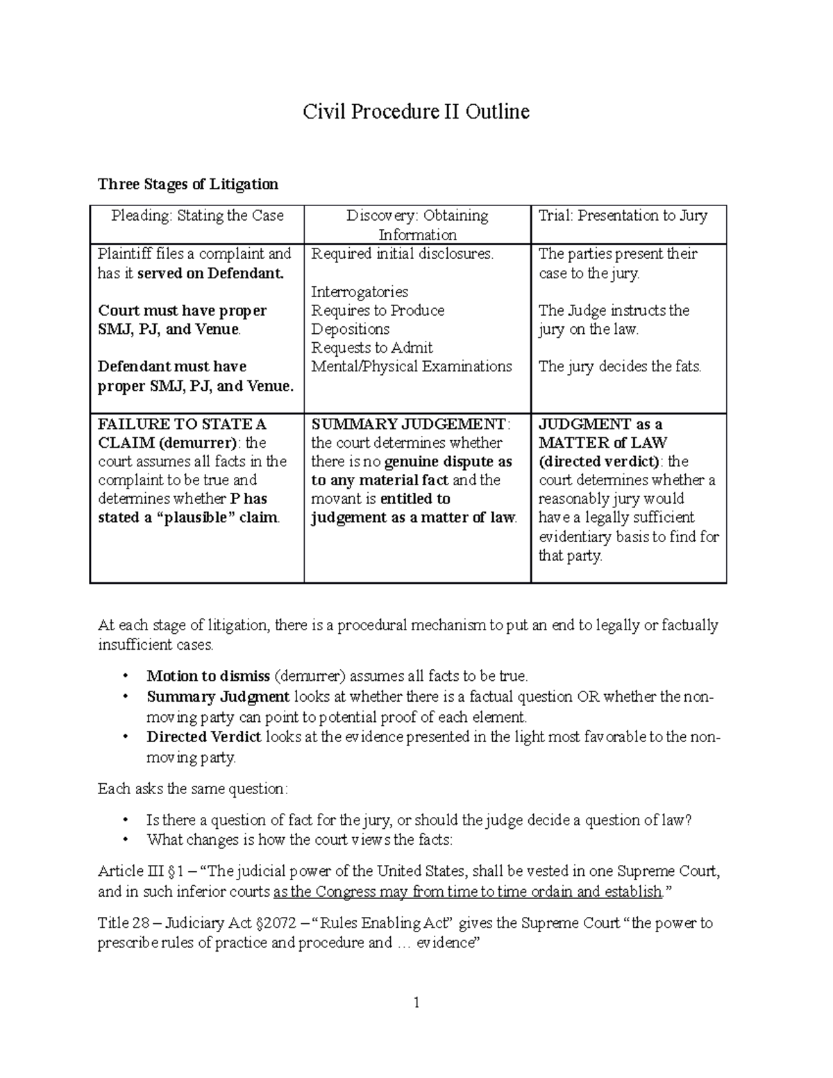 Civil Procedure II Outline - Civil Procedure II Outline Three Stages of ...