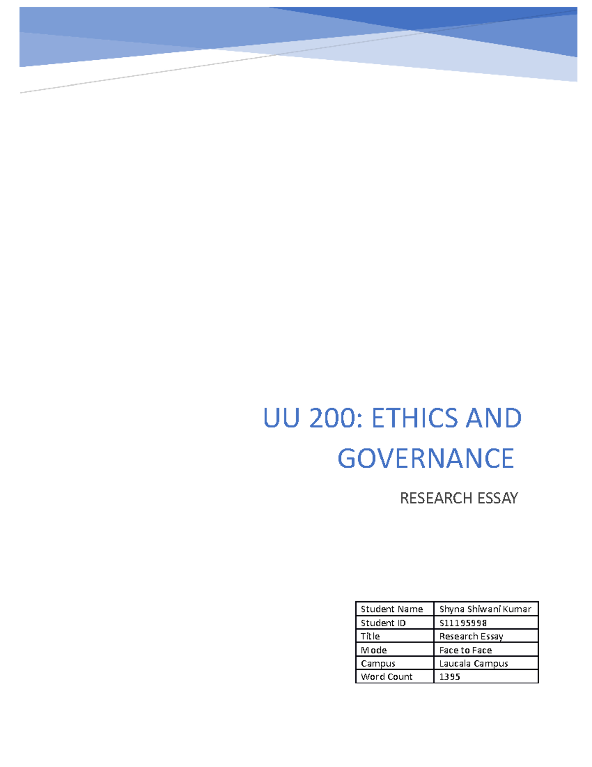 S111959980 UU 200 (research essay- assesment 4) - Governance and Ethics ...