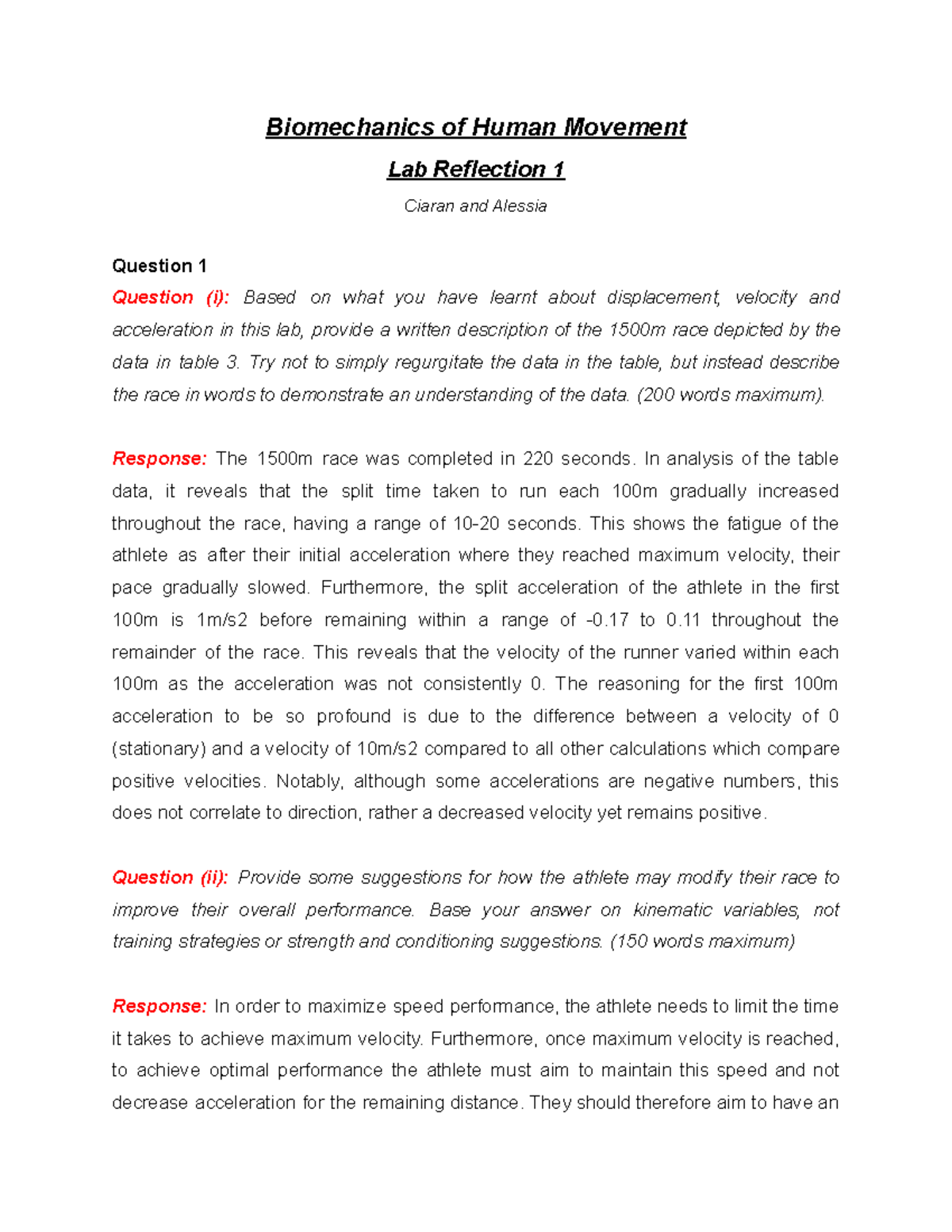 BHM Lab Reflection 1 - Biomechanics of Human Movement Lab Reflection 1 ...