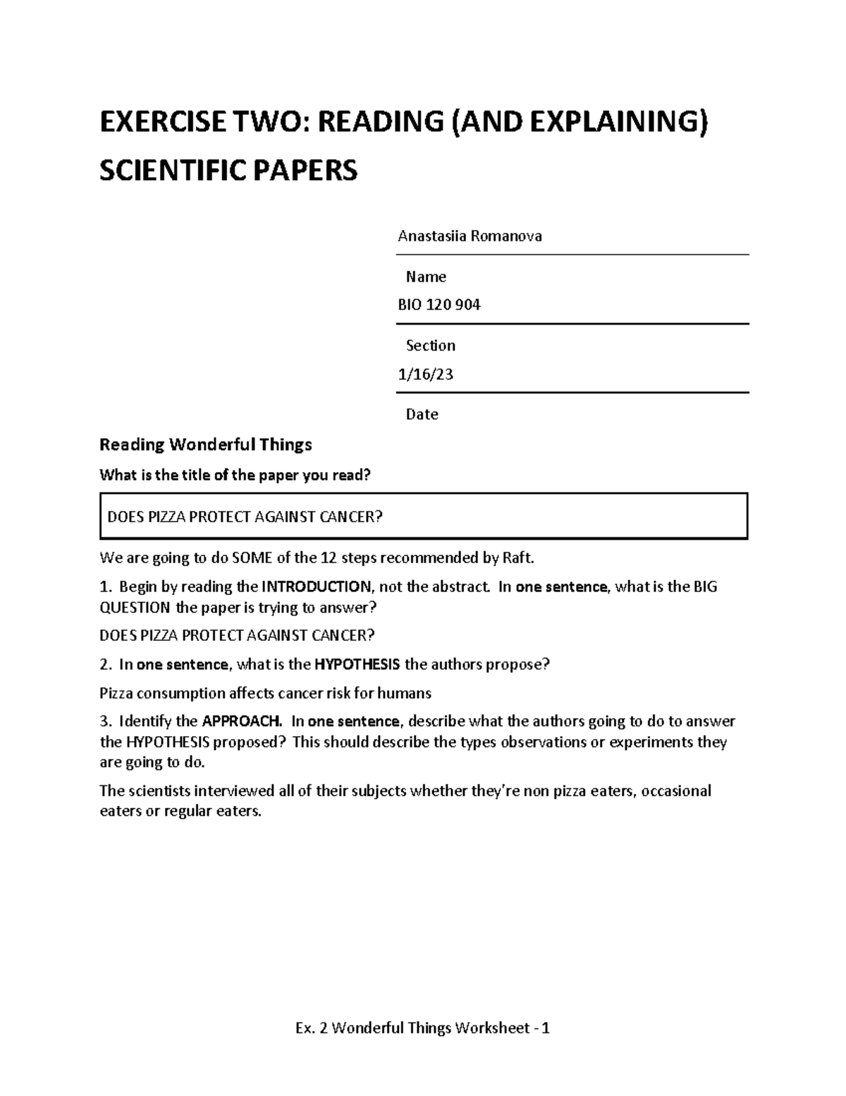 BIO 120 Exercise Two Scientific Papers Worksheet F2022 - EXERCISE TWO ...