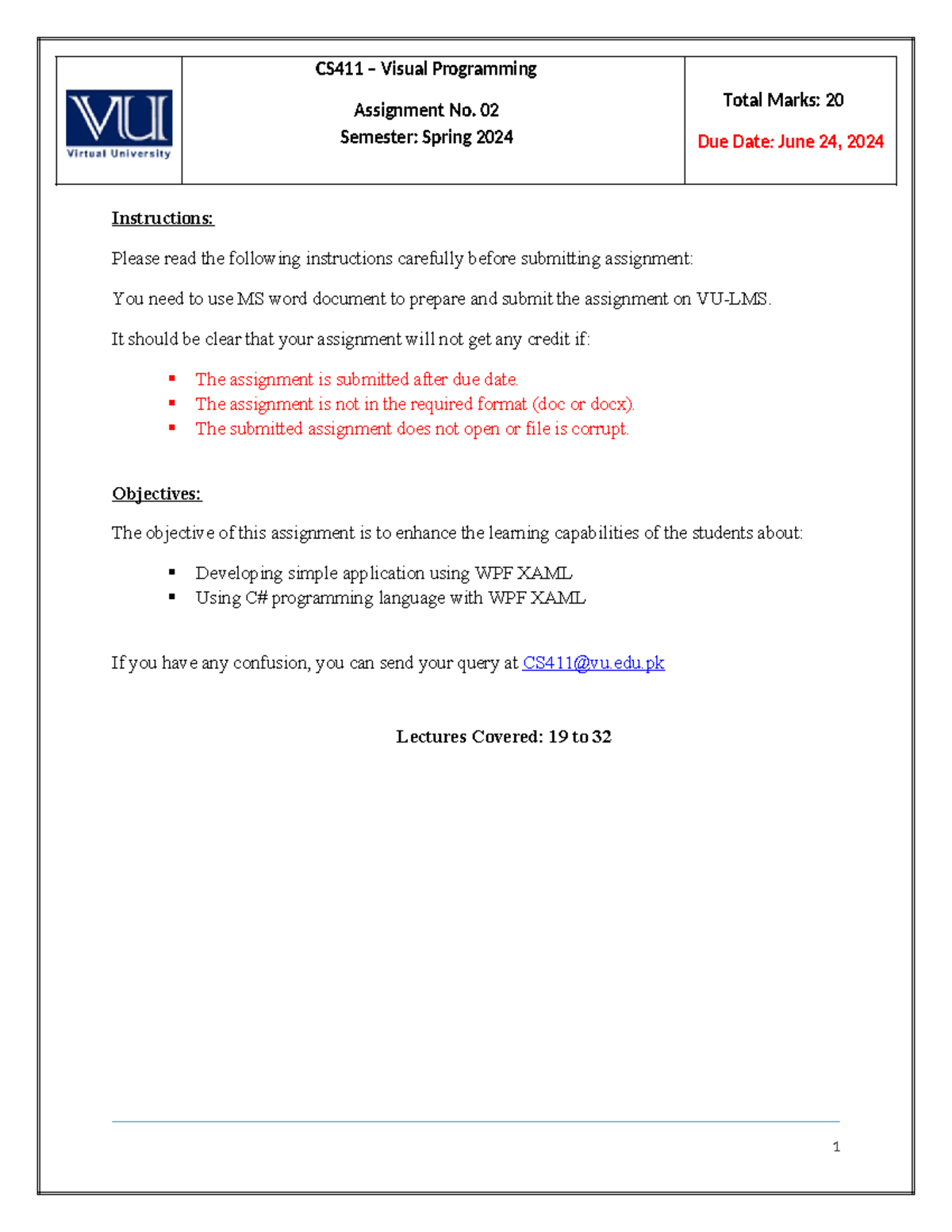 Spring 2024 CS411 2 - CS411 – Visual Programming Assignment No. 02 Semester: Spring 2024 Total ...