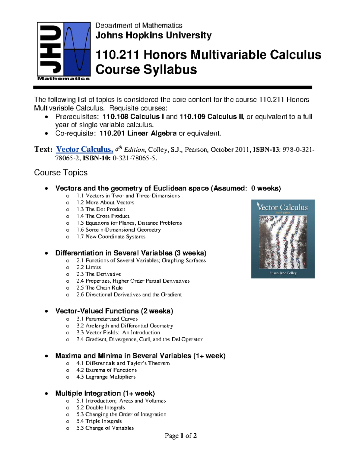 AS.110.211 Honors Multivariable Calculus Course Overall Syllabus 2024/ ...