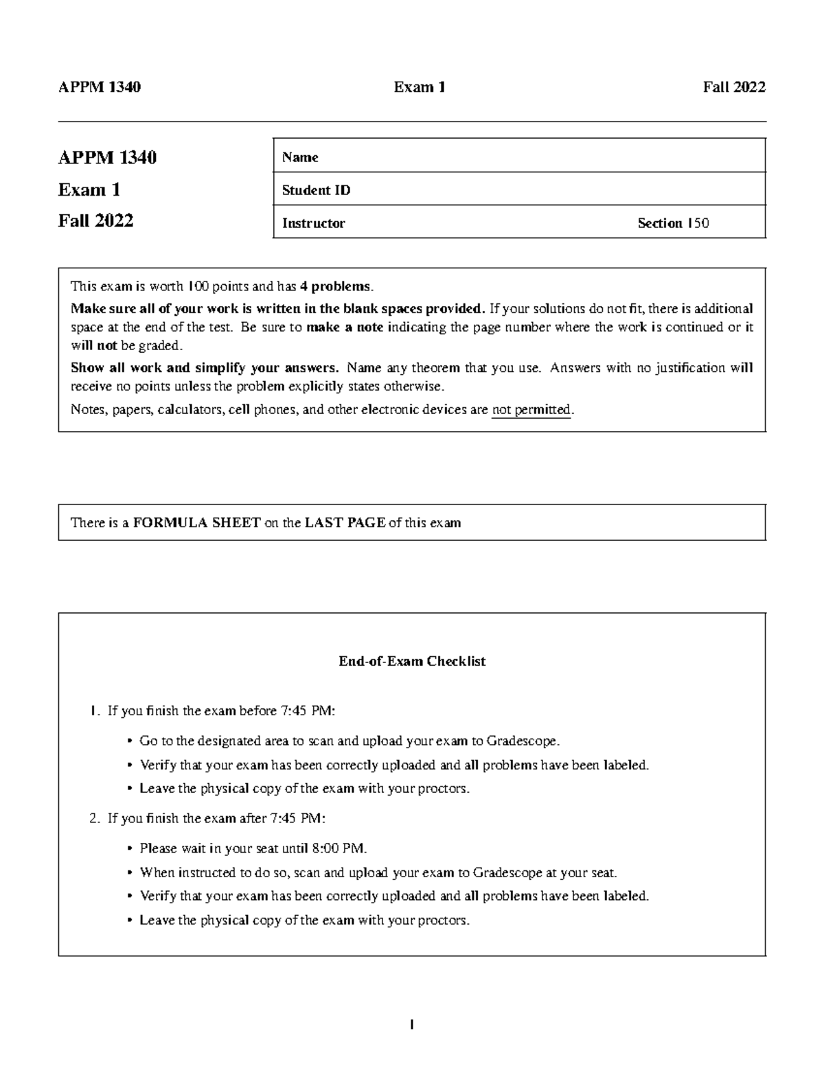 APPM 1340 fall2022 practice exam 1 - APPM 1340 Exam 1 Fall 2022 APPM 1340 Exam 1 Fall 2022 Name ...