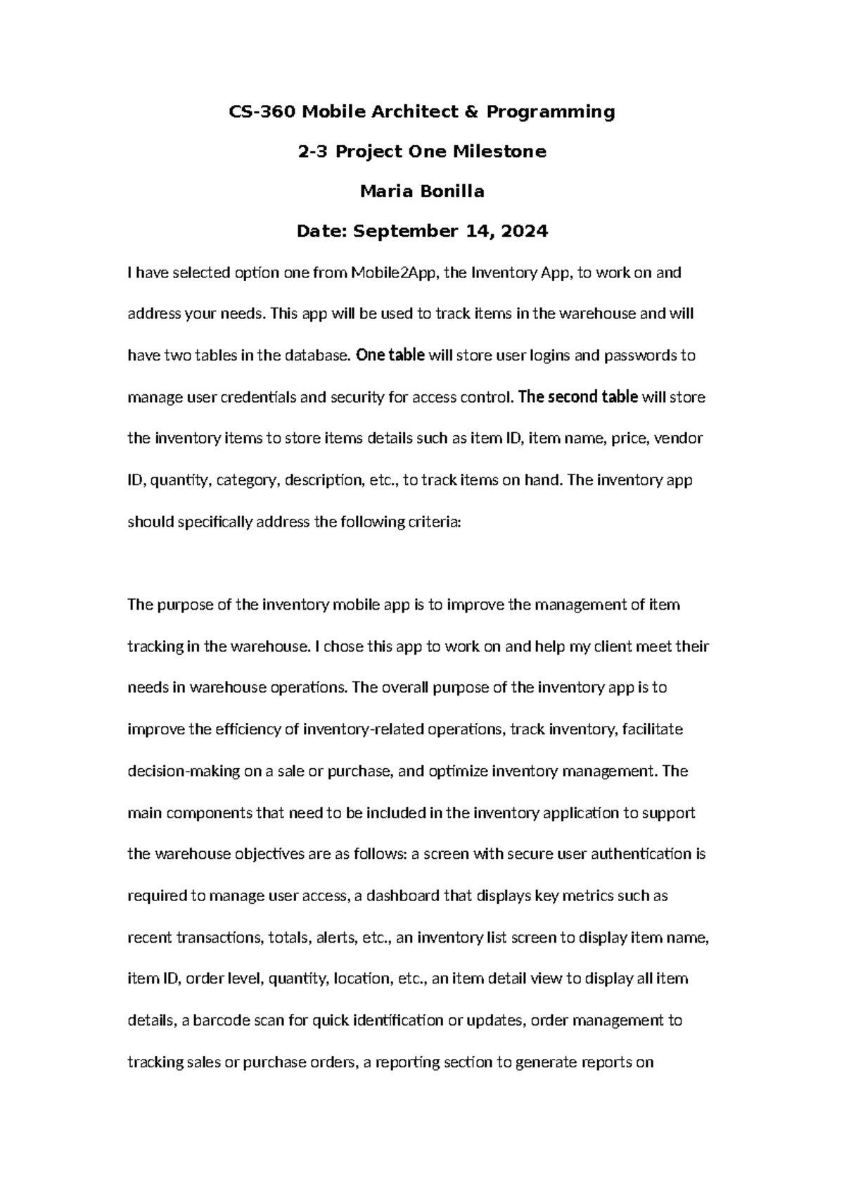 Maria Bonilla CS-360 Mobile Architect 2-3 Project One Milestone - CS-360 Mobile Architect ...