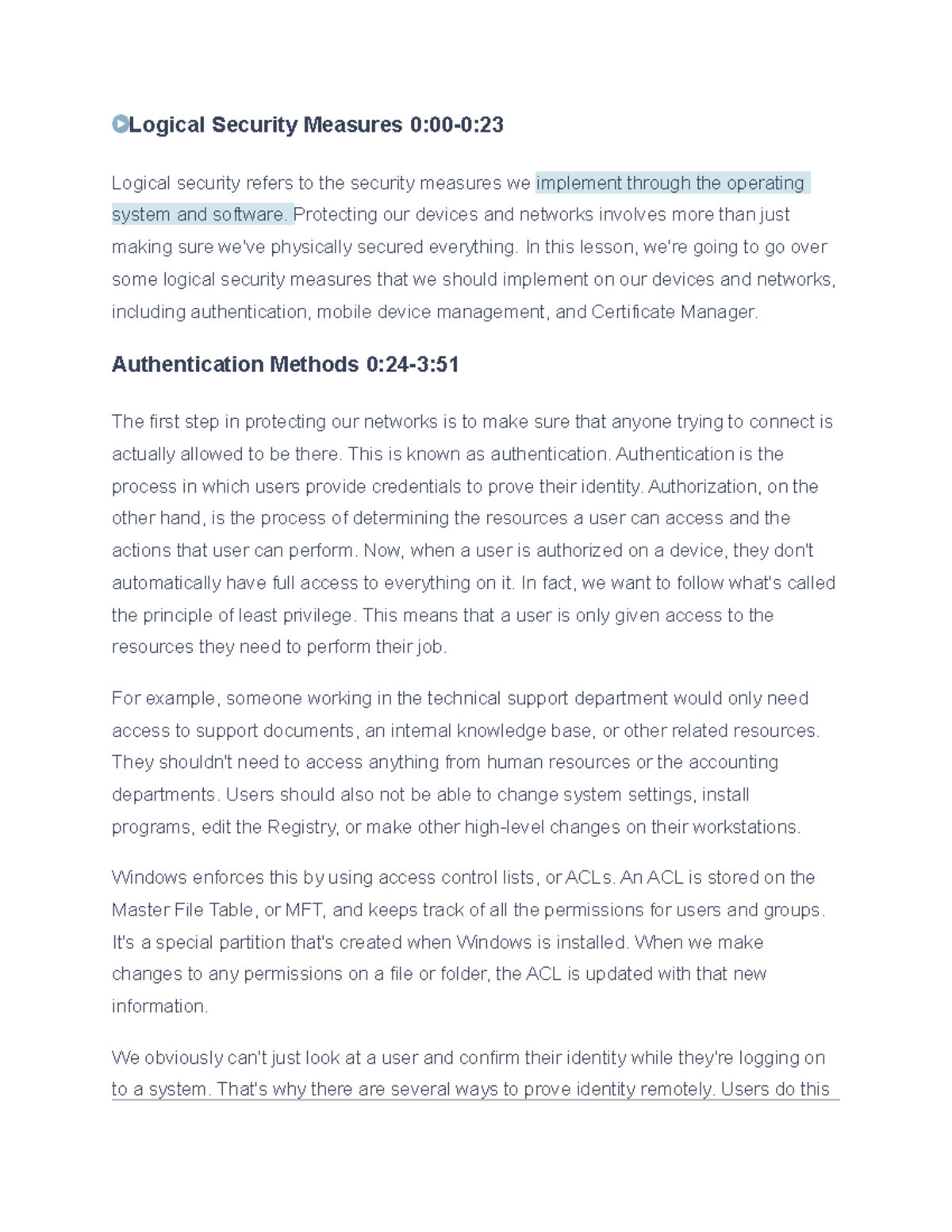 14.4.1 Logical Security Measures - Logical Security Measures 0:00-0: Logical security refers to ...