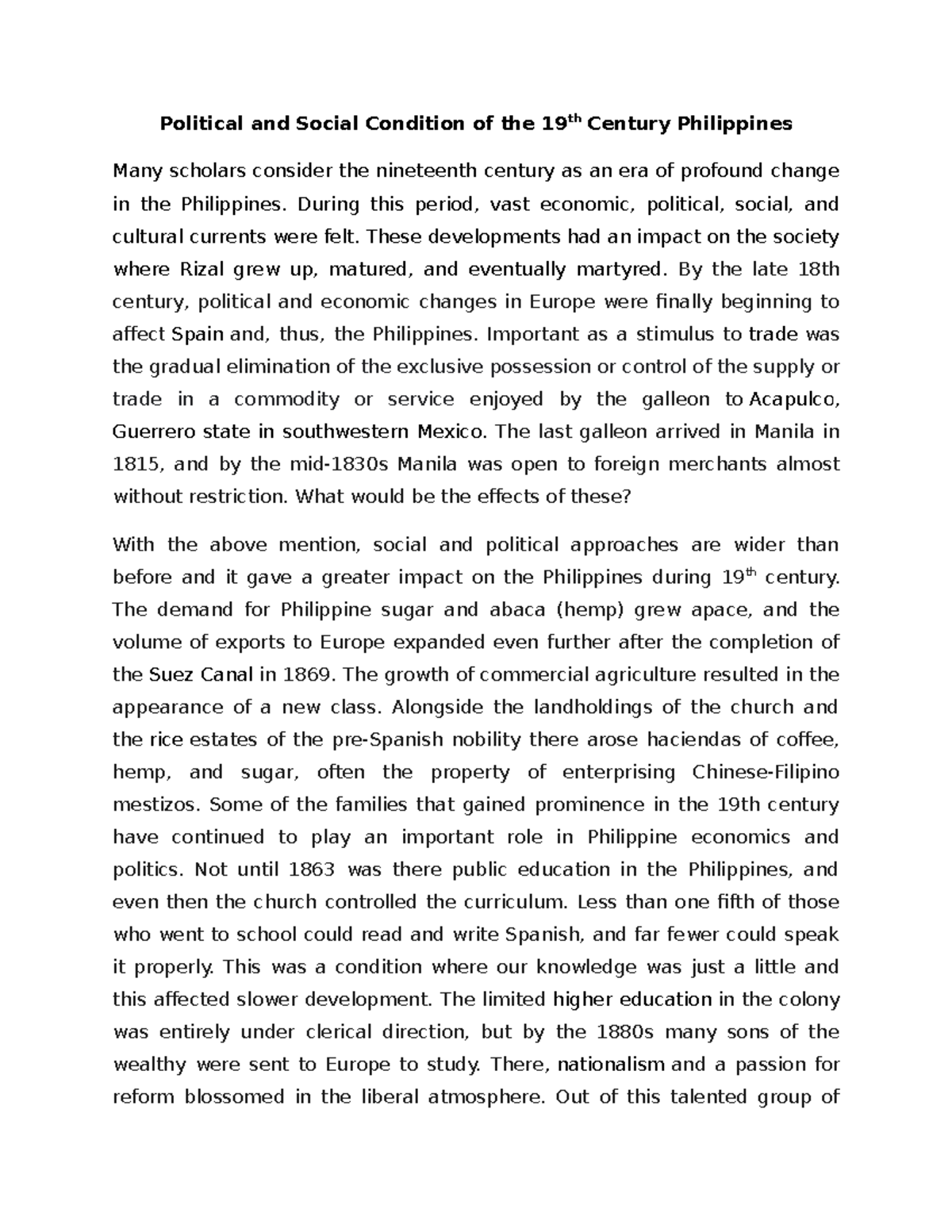 Rizal essay - Political and Social Condition of the 19th Century ...