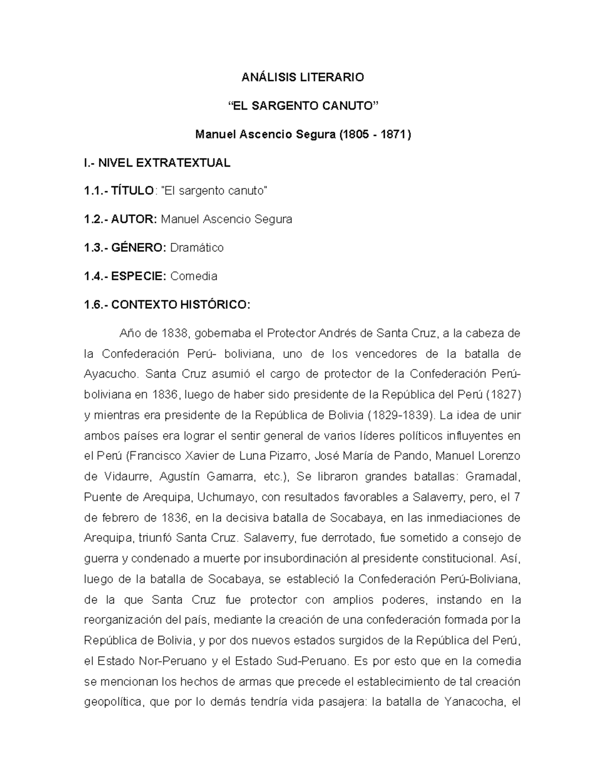 Análisis Literario - ANÁLISIS LITERARIO “EL SARGENTO CANUTO” Manuel ...