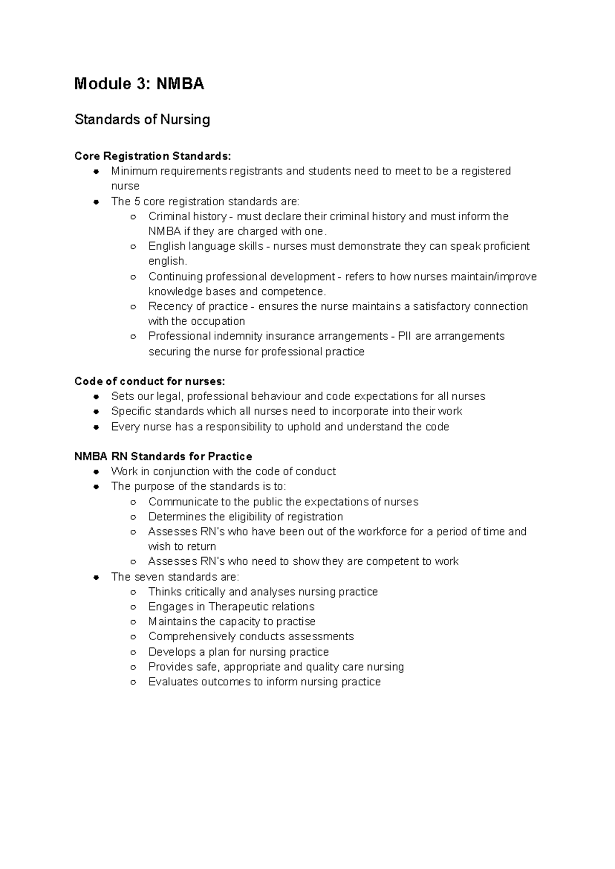 Module 3 NMBA - Module 3: NMBA Standards of Nursing Core Registration Standards: Minimum - Studocu