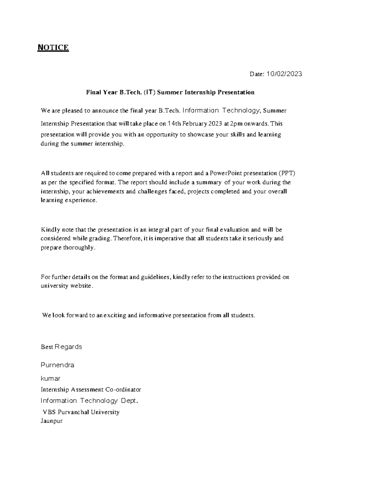 Intern cse.pdf - this is for essays - NOTICE Date: 10 /02/ Final Year B ...