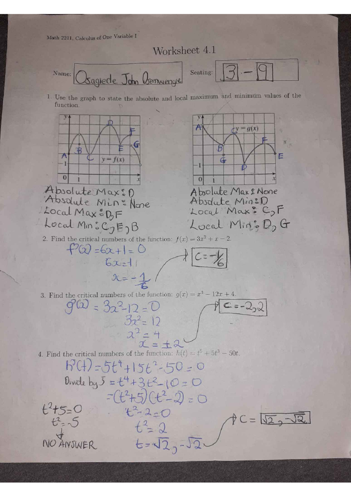 Worksheet 4.1- Calculus of one VARIABLE 1 - Calc2211 - Studocu