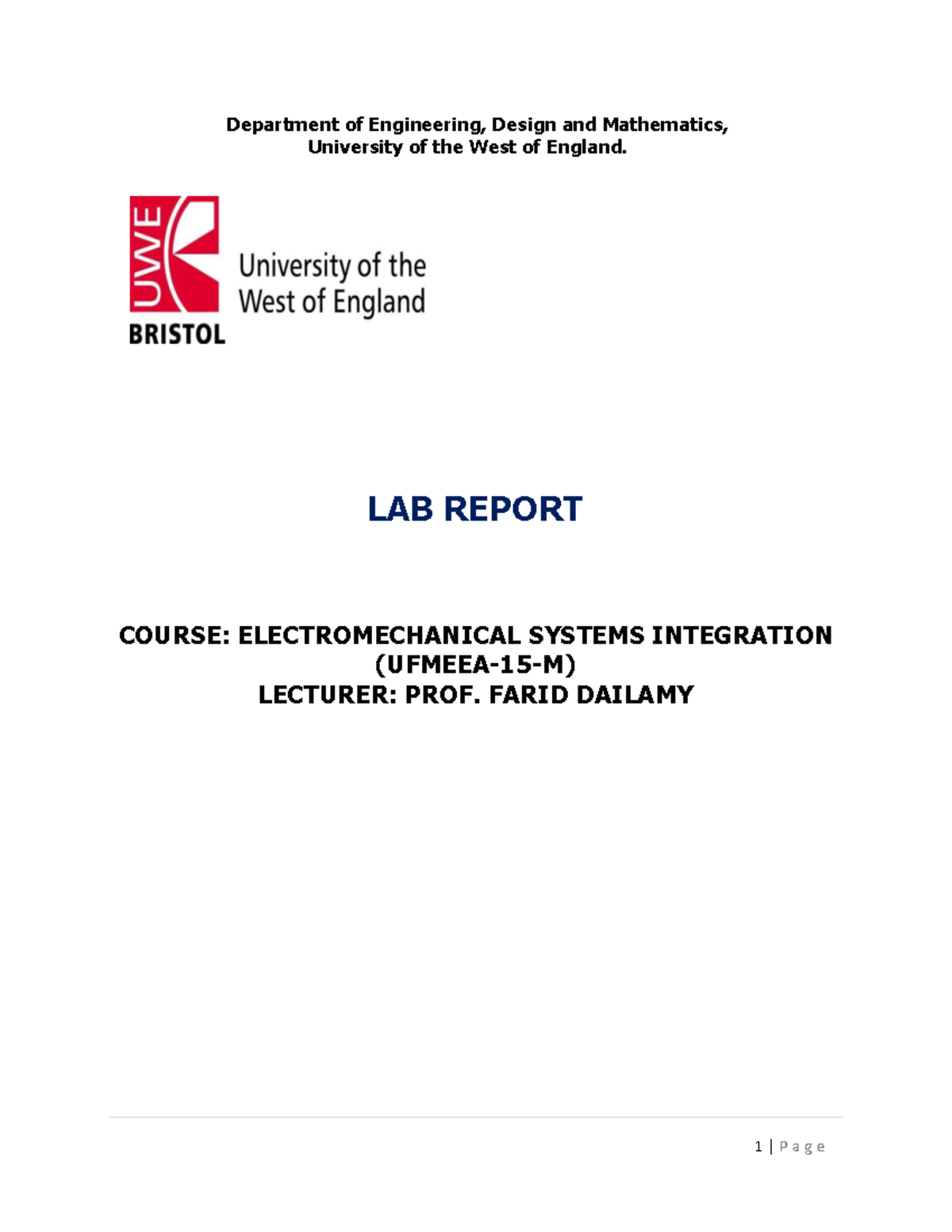 Elogbook Report LAB 2020 - Department of Engineering, Design and ...