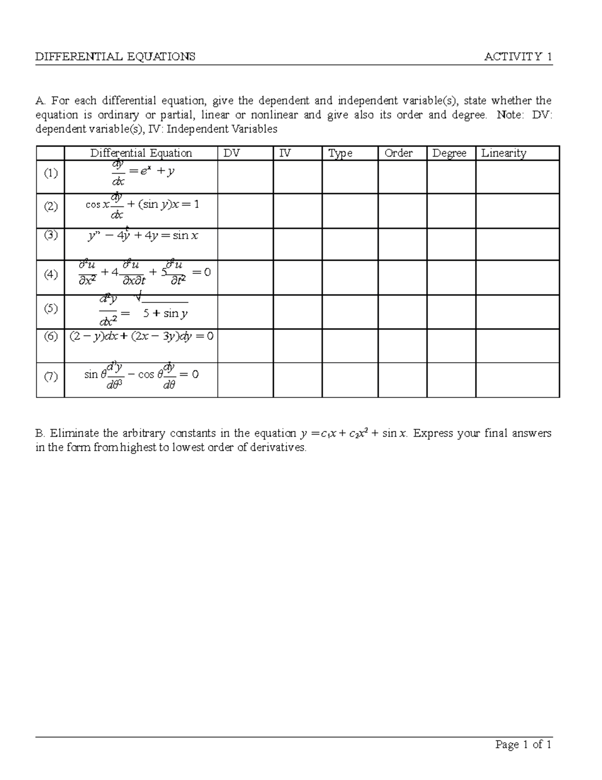 DE Activity 2 - template - DIFFERENTIAL EQUATIONS ACTIVITY 1 A. For ...