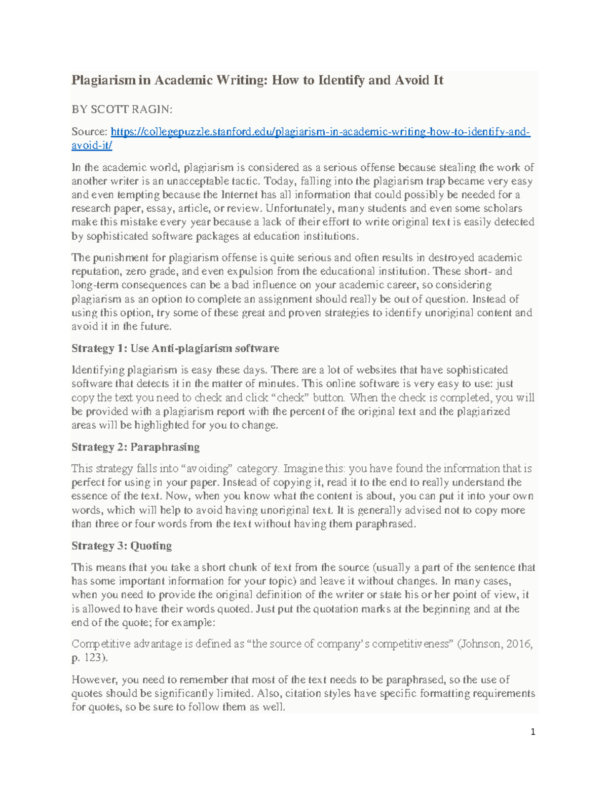 Plagiarism in academic writing - 1 Plagiarism in Academic Writing: How ...