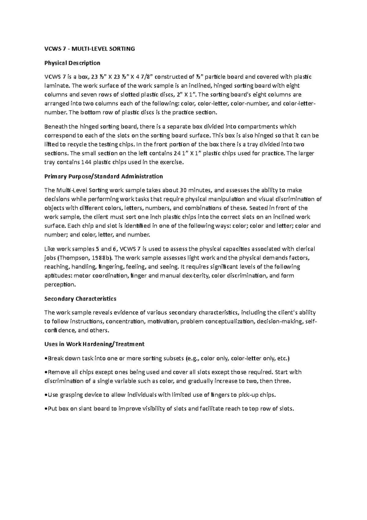 Valpar 7 - nothing - VCWS 7 - MULTI-LEVEL SORTING Physical Description ...