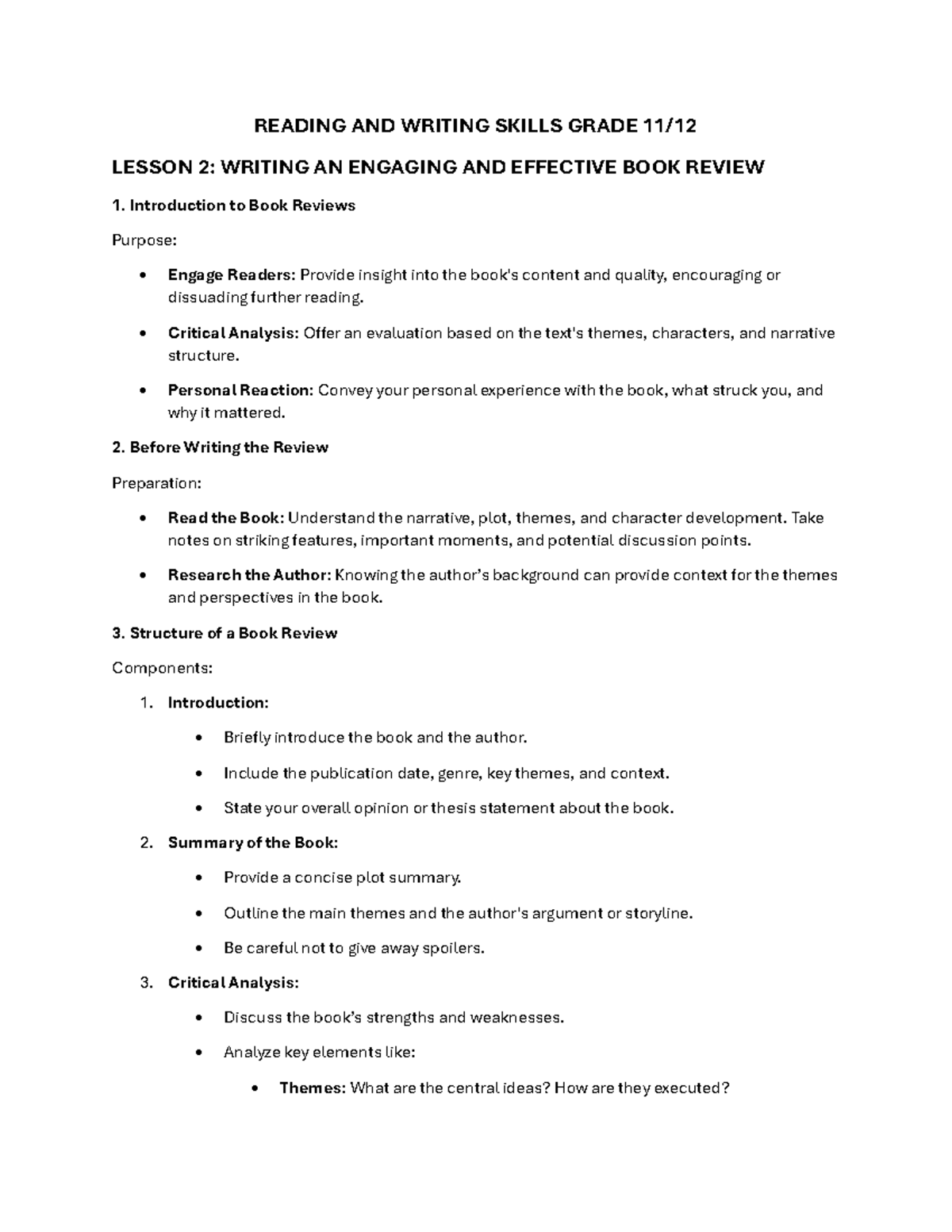 RAW Lesson 2 BOOK Review - READING AND WRITING SKILLS GRADE 11/ LESSON ...