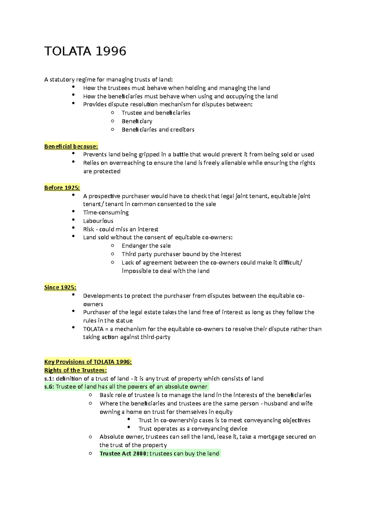 Lecture 6.7 Tolata 1996 - TOLATA 1996 A statutory regime for managing ...