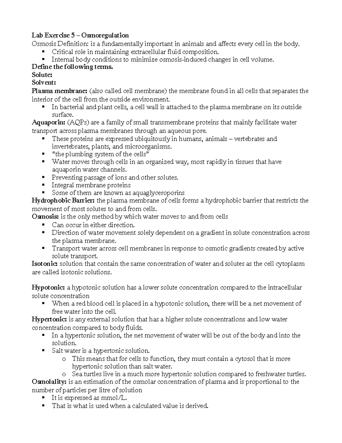 Bio 224 Lab 5 - lab 5 bio 224.3 - Lab Exercise 5 – Osmoregulation Osmosis Definition: is a - Studocu