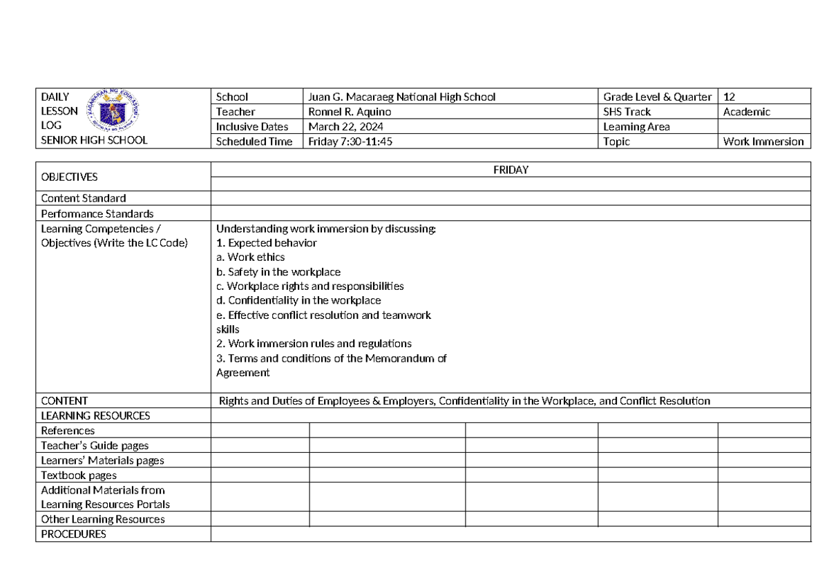 Work immersion DLL - DAILY LESSON LOG SENIOR HIGH SCHOOL School Juan G ...
