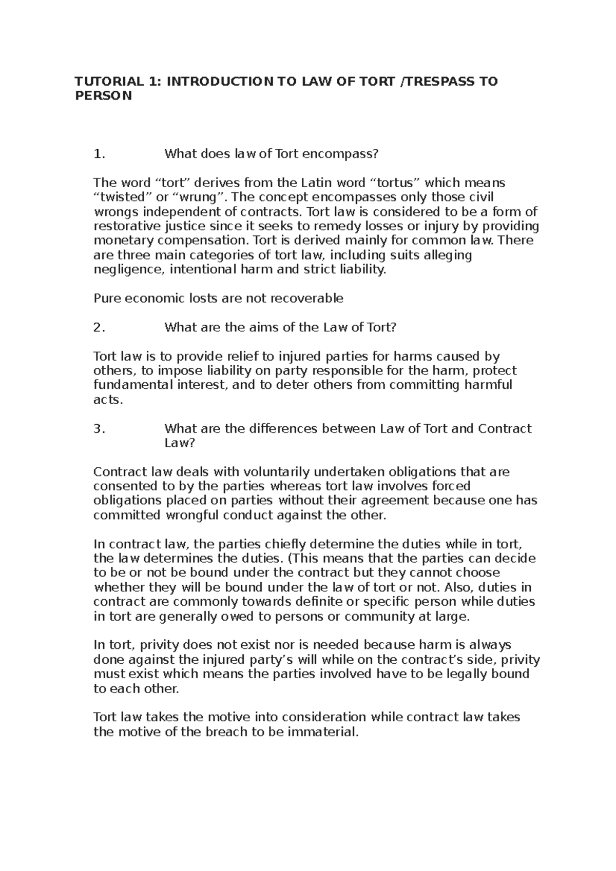 Law of Tort tuto 1 - all the best in your law journey! - TUTORIAL 1 ...
