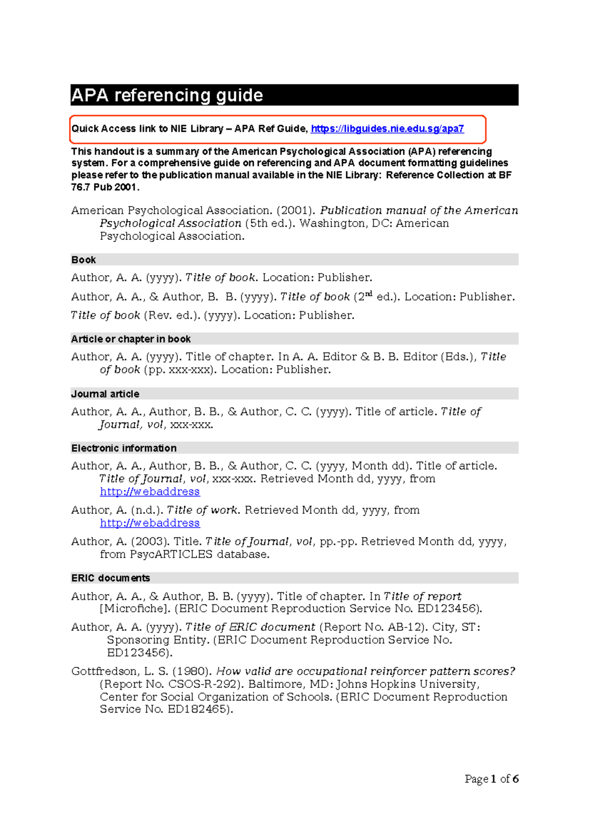 APA referencing guide - APA referencing guide Quick Access link to NIE ...