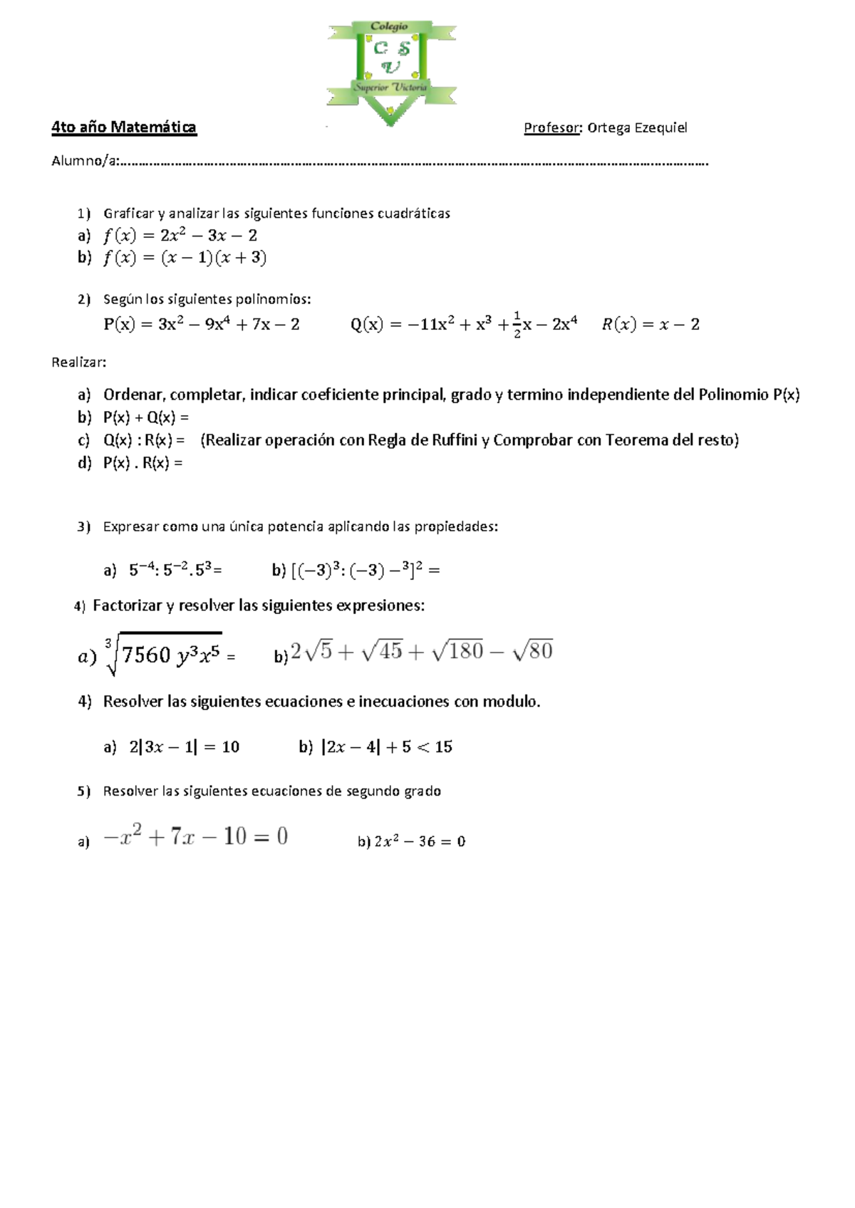 4to año matemática - matematica - 4 to año Matemática Profesor: Ortega ...