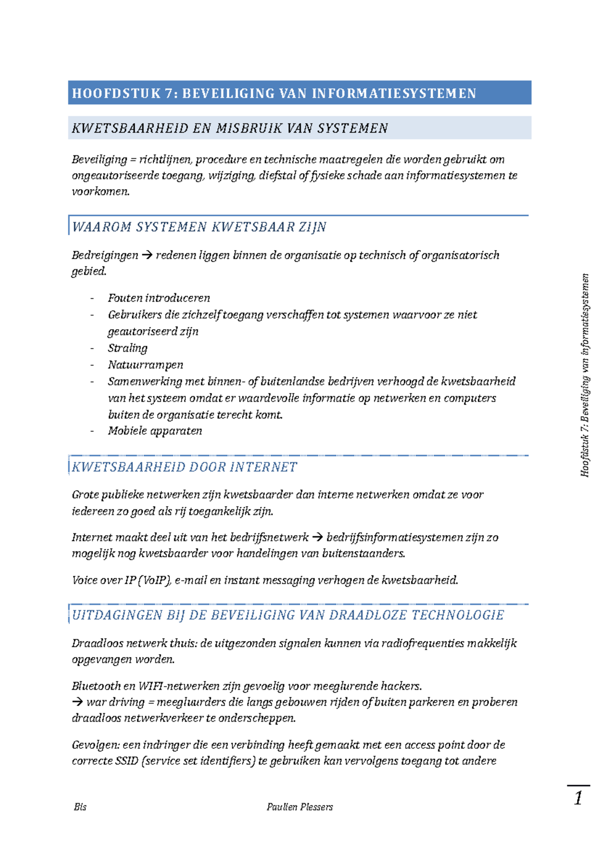 Samenvatting - H7-11 - HOOFDSTUK 7: BEVEILIGING VAN INFORMATIESYSTEMEN ...