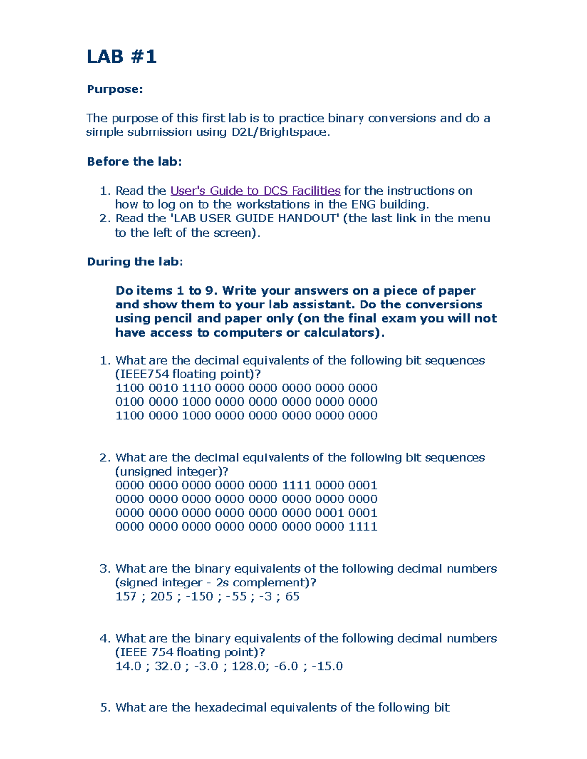 CPS125 Lab Manual - Lab #1 - LAB Purpose: The purpose of this first lab is to practice binary ...