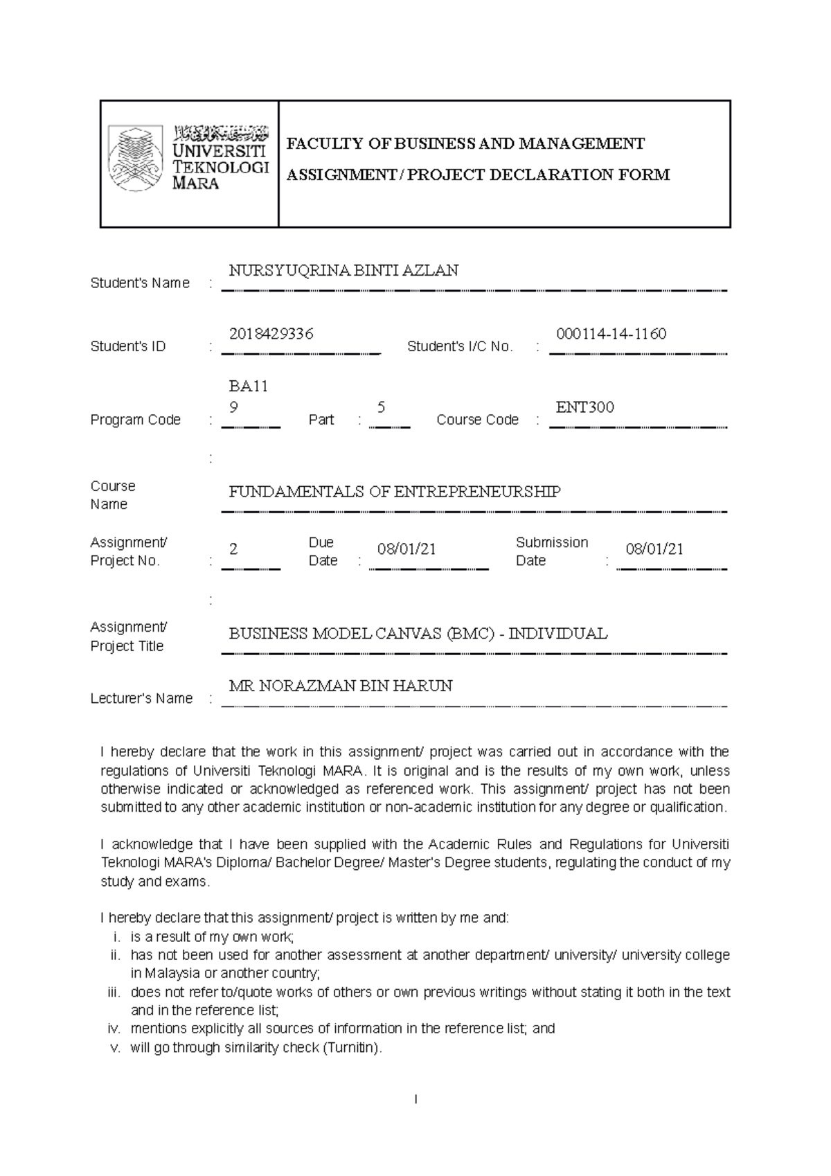 ENT300 - BMC new - business modal plan - FACULTY OF BUSINESS AND ...