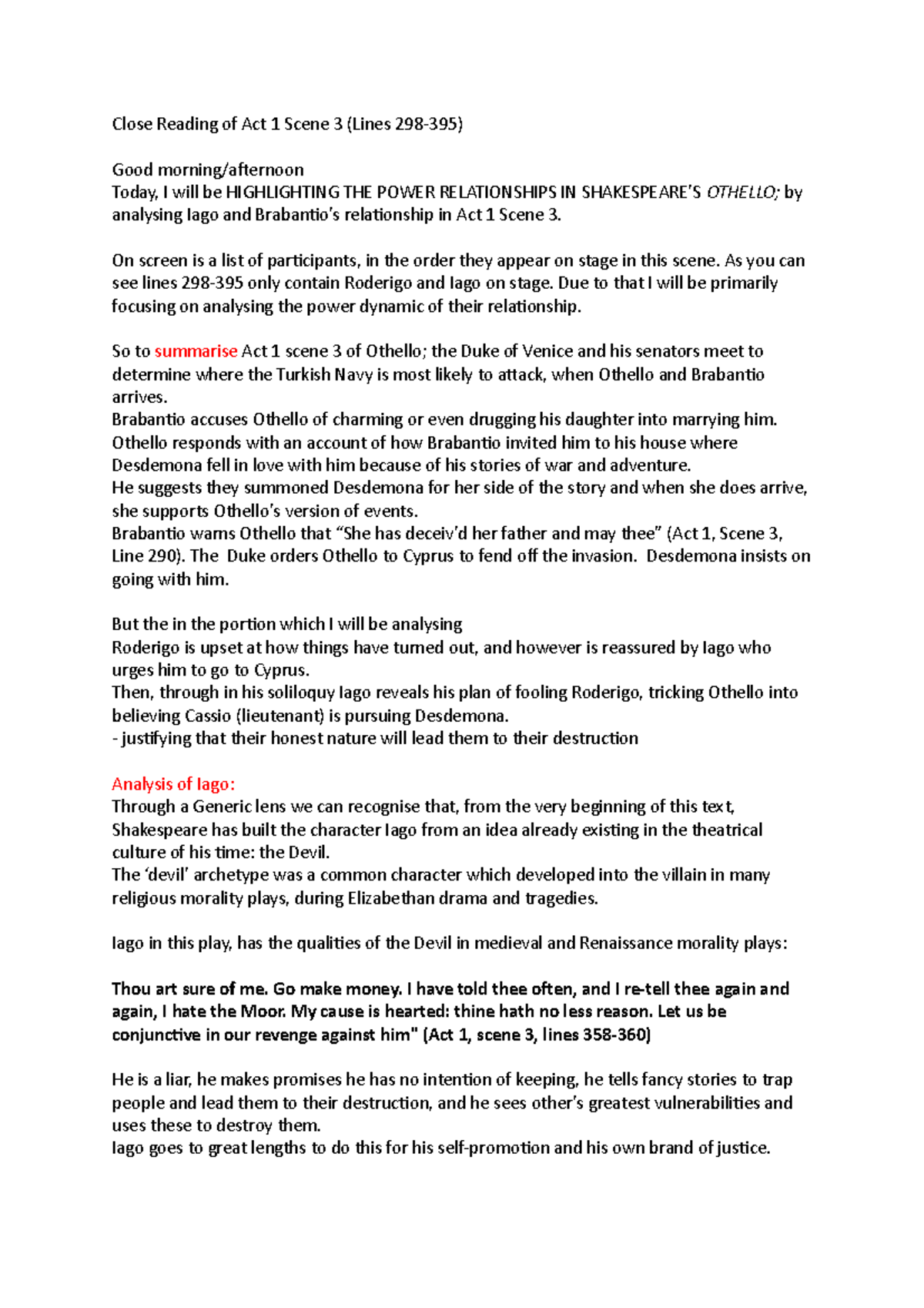 Transcript for Othello - Close Reading of Act 1 Scene 3 (Lines 298-395 ...