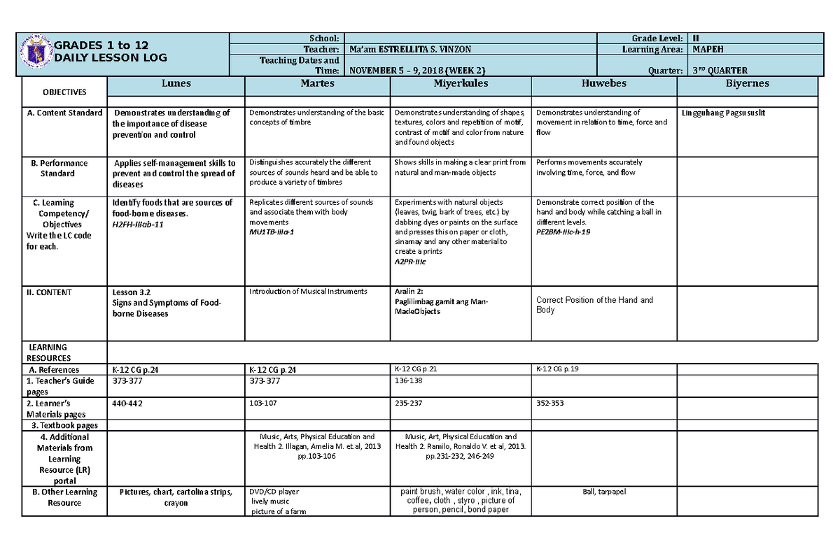 Mapeh 2 Q3 Week 2 - dfddgg - GRADES 1 to 12 DAILY LESSON LOG School ...