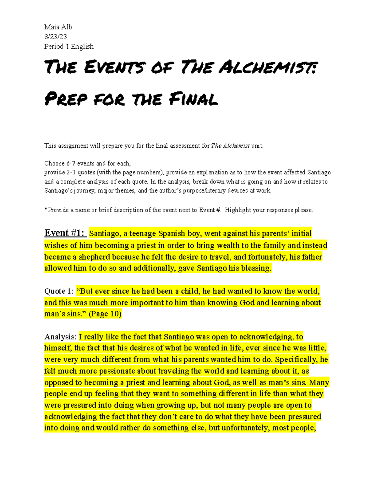 MAIA ALB - The Events of the Alchemist Prep for Final - 8/23/ Period 1 ...