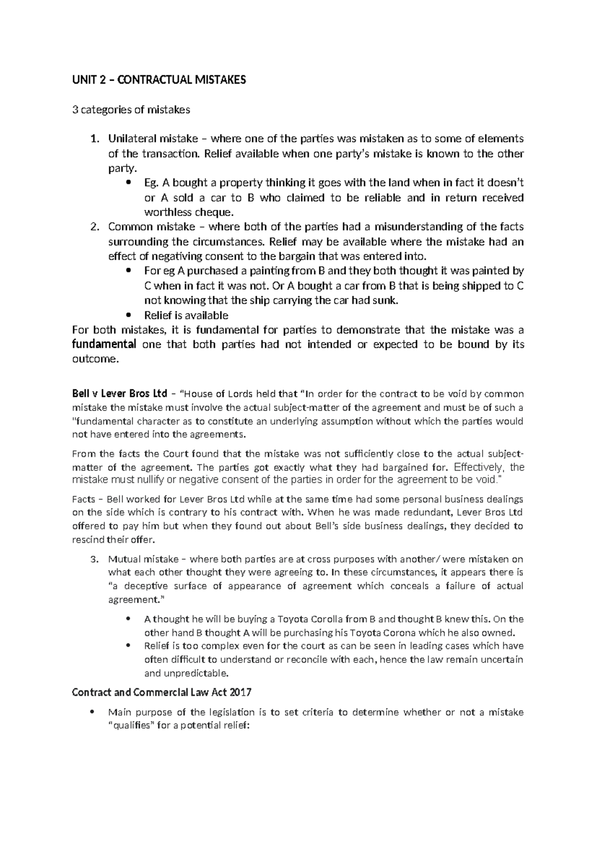 UNIT 2 Contractual Mistake - UNIT 2 – CONTRACTUAL MISTAKES 3 categories ...
