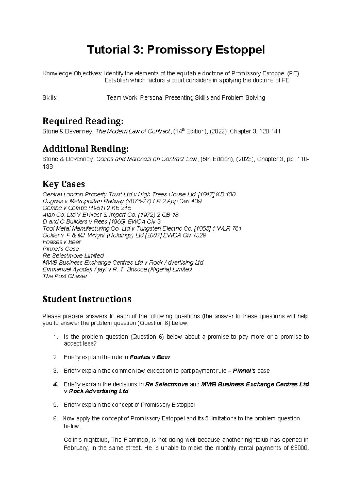 Tutorial 3 - Promissory Estoppel - Student Questions - Tutorial 3: Promissory Estoppel Knowledge ...
