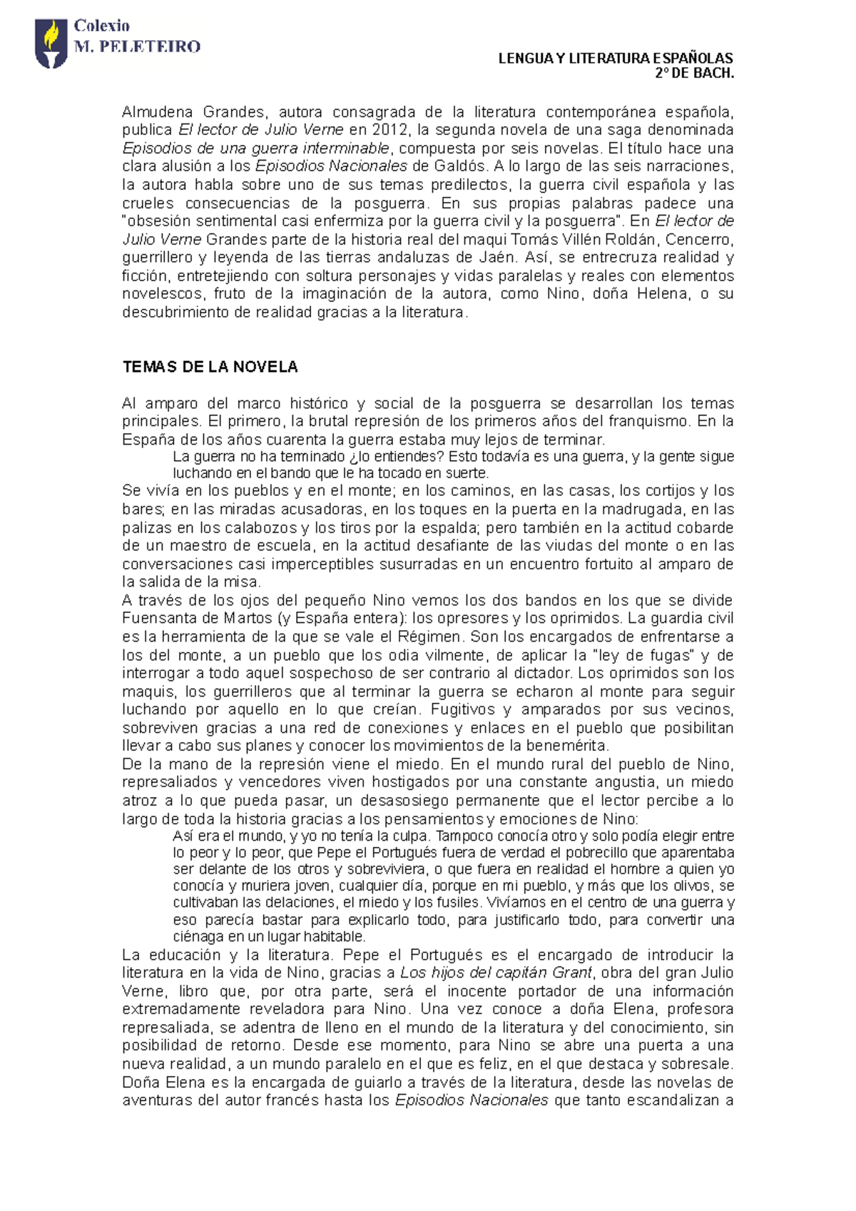 El lector de Julio Verne - 2º DE BACH. Almudena Grandes, autora ...