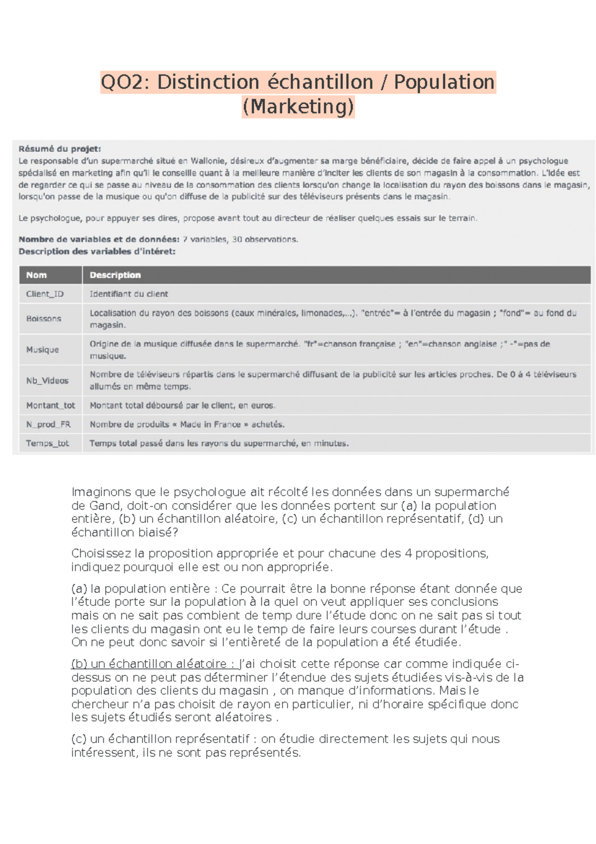 Exercice 02 stat - QO2: Distinction échantillon / Population (Marketing ...