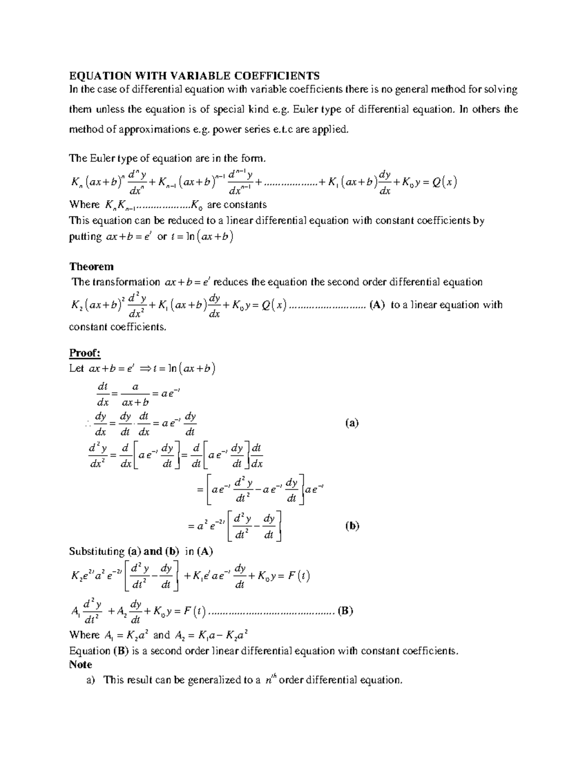 Lec 7 - CALCULUS NOTES - EQUATION WITH VARIABLE COEFFICIENTS In the ...
