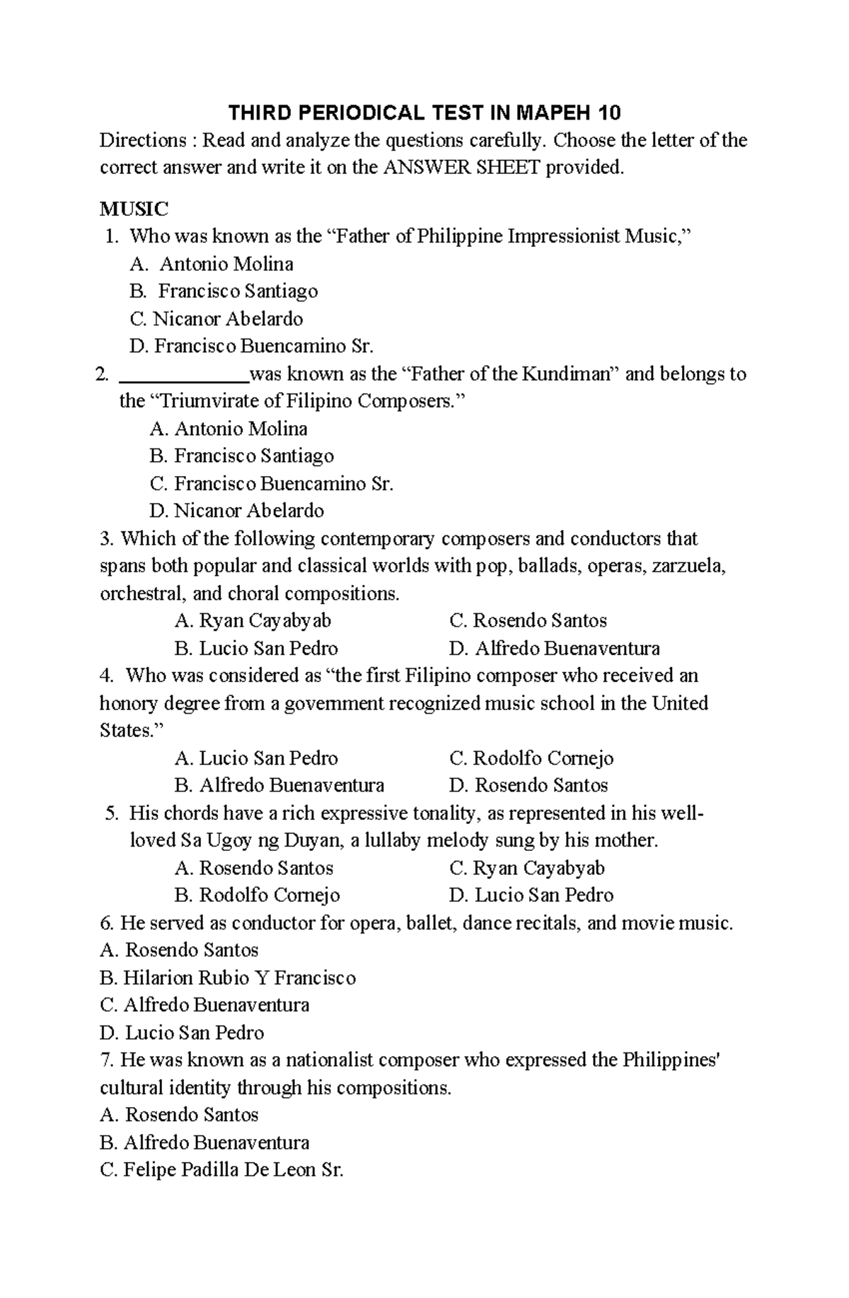 Third Periodical TEST IN Mapeh 10 - THIRD PERIODICAL TEST IN MAPEH 10 ...