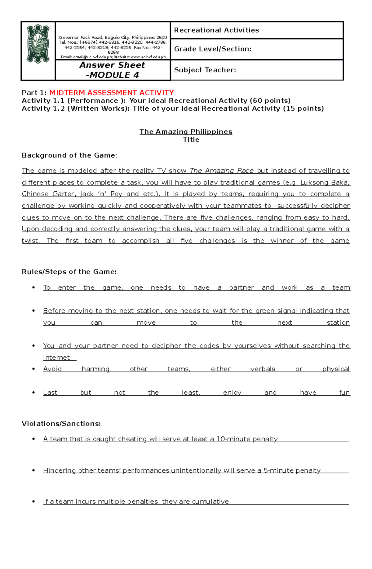 Activity 1 - About rules of a game - Governor Pack Road, Baguio City ...