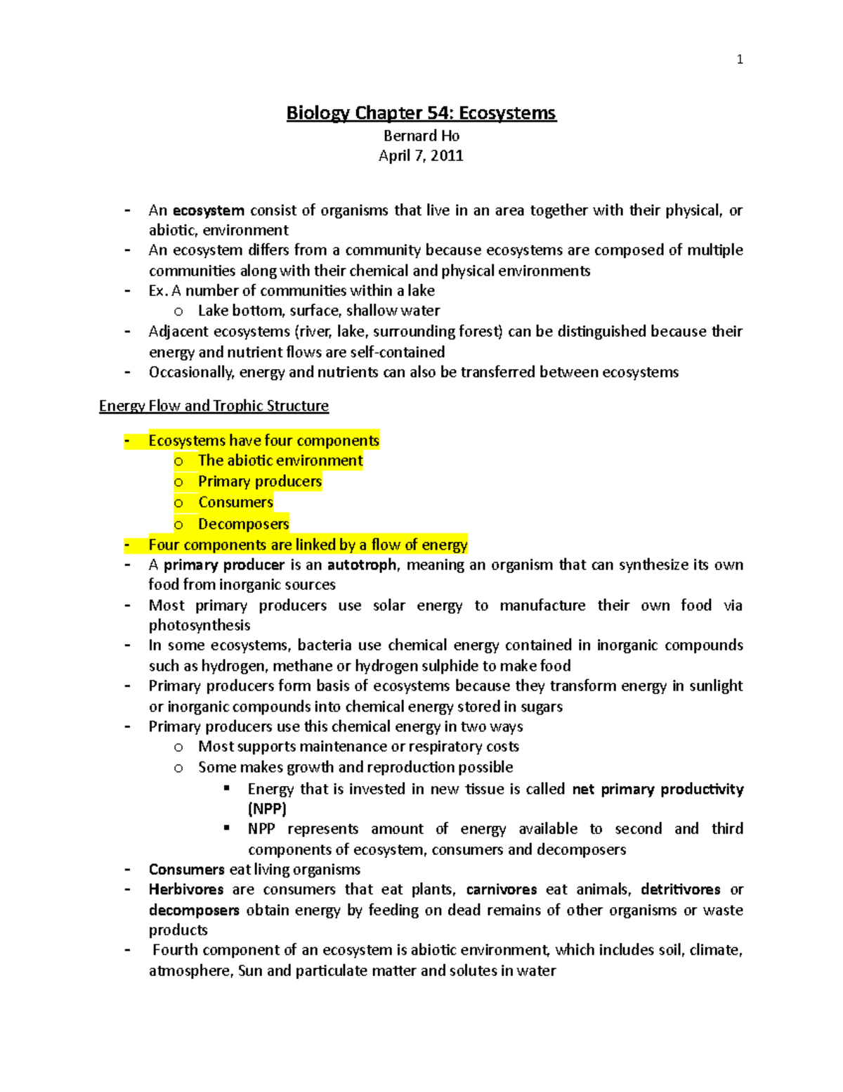Biology Chapter 54 - Lecture Note - Biology Chapter 54: Ecosystems ...
