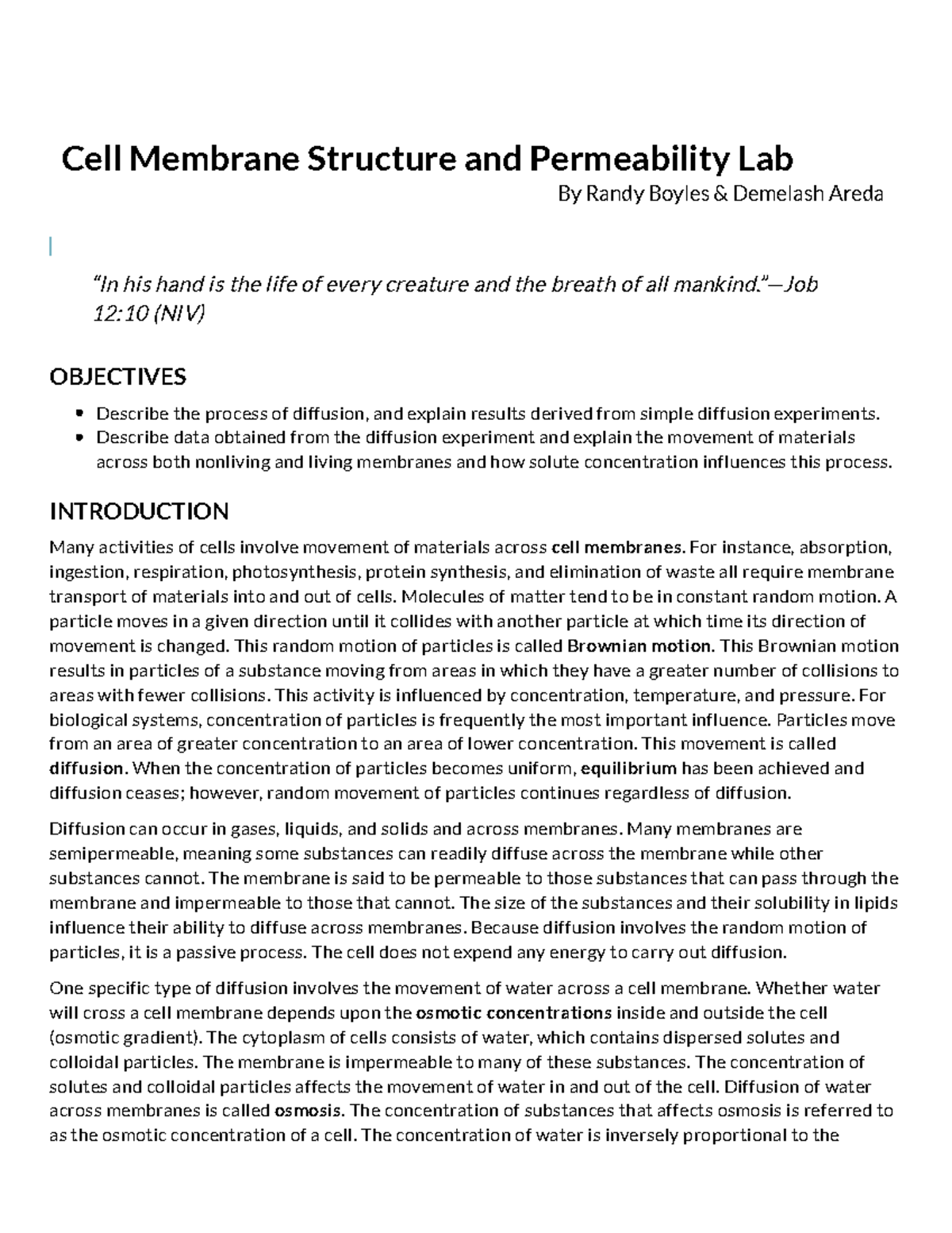 Cell Membrane Structure and Permeability Lab Manual - By Randy Boyles ...