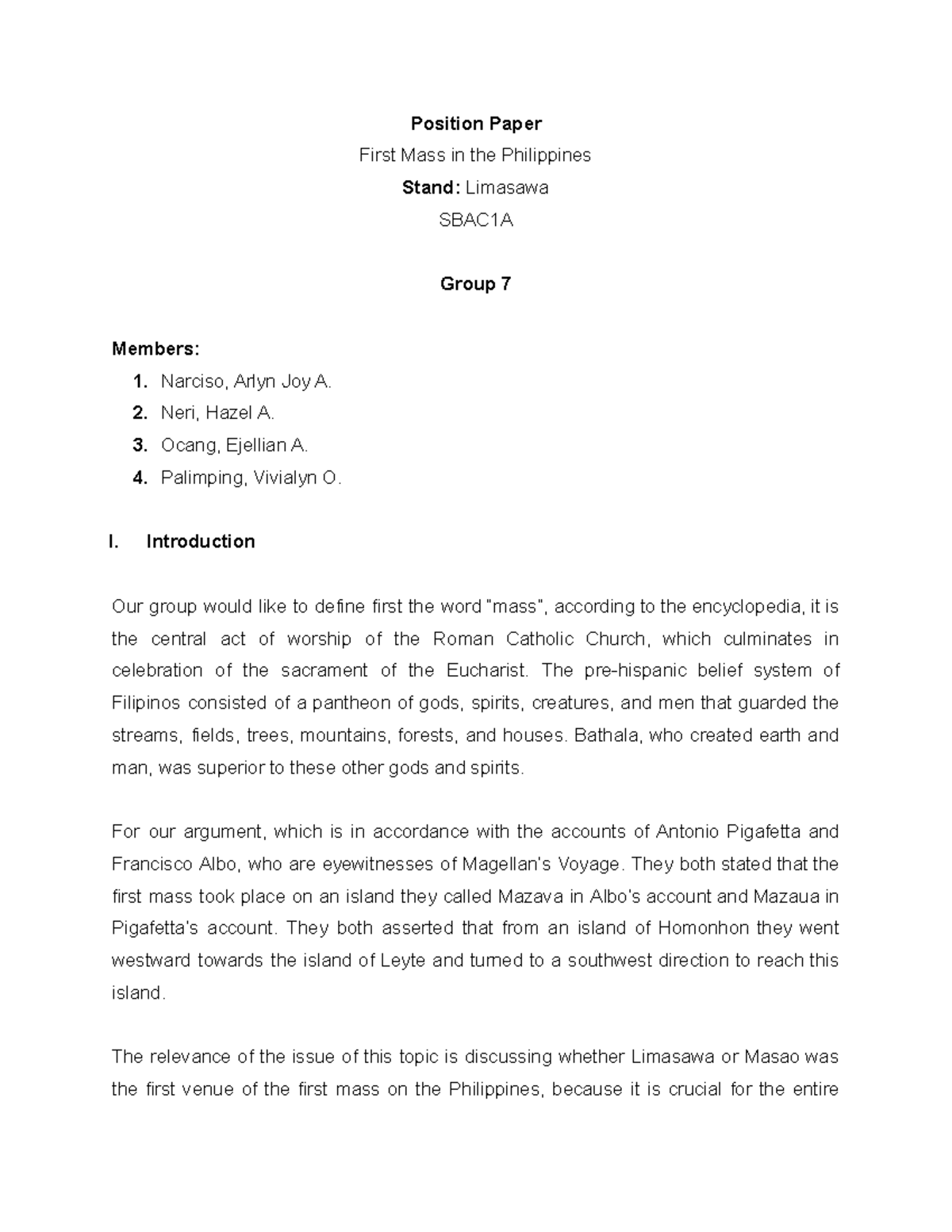 Position Paper GROUP 7 - Position Paper First Mass in the Philippines ...