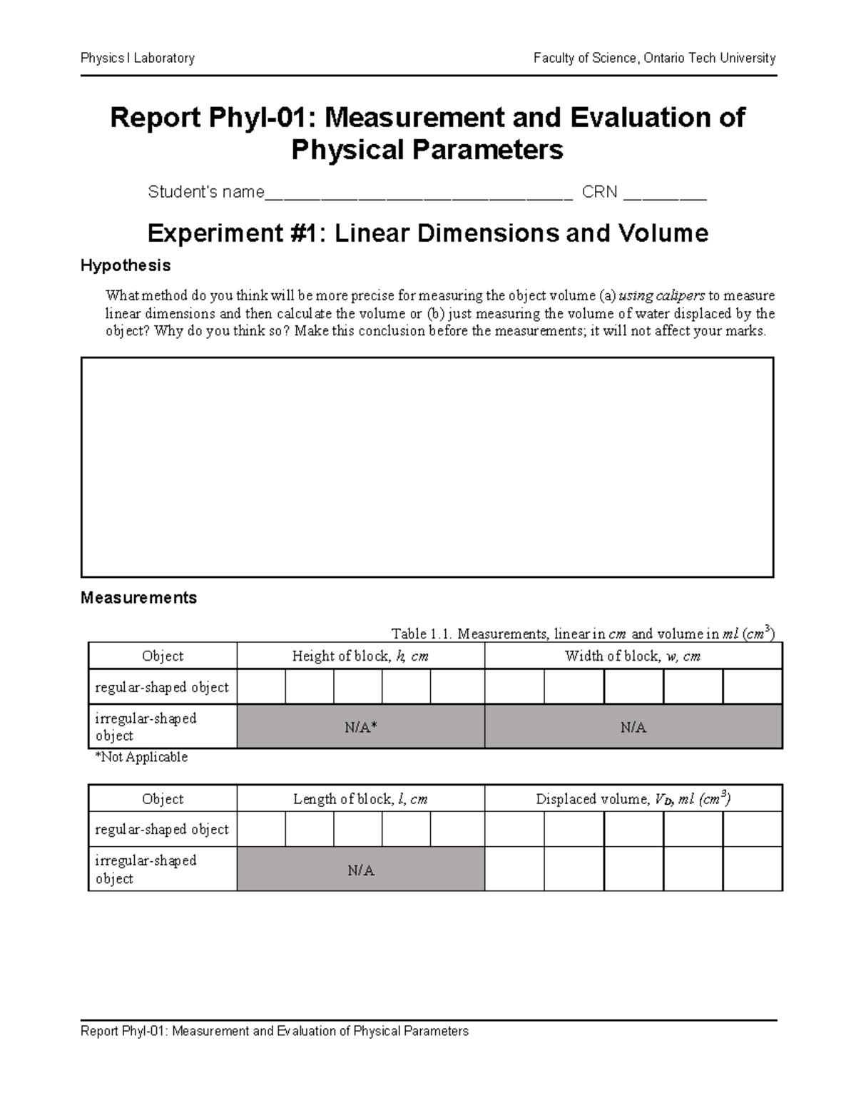 Measurements Report - Lab work, Lab report template from Prof MacMillan ...